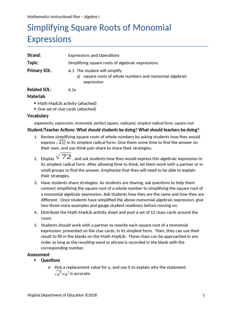 Mip A 3a Simp Mono SQ Rts | PDF | Mathematics | Square Root