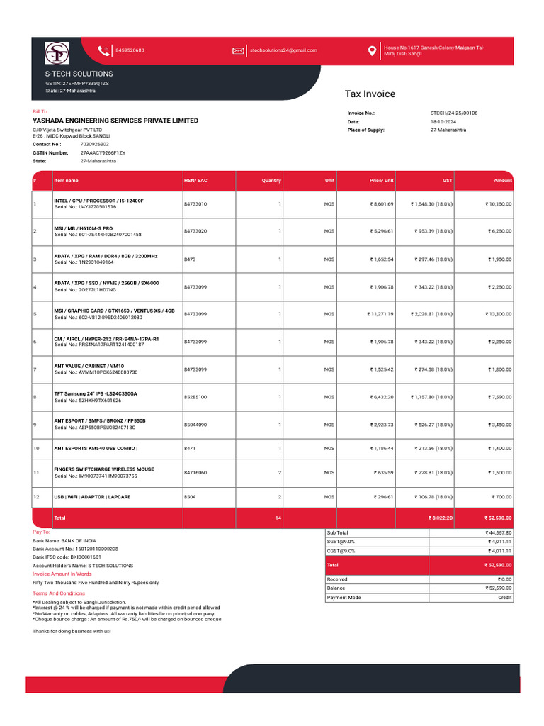 Tax Invoice for Computer Hardware | PDF | Rupee | Computer Hardware