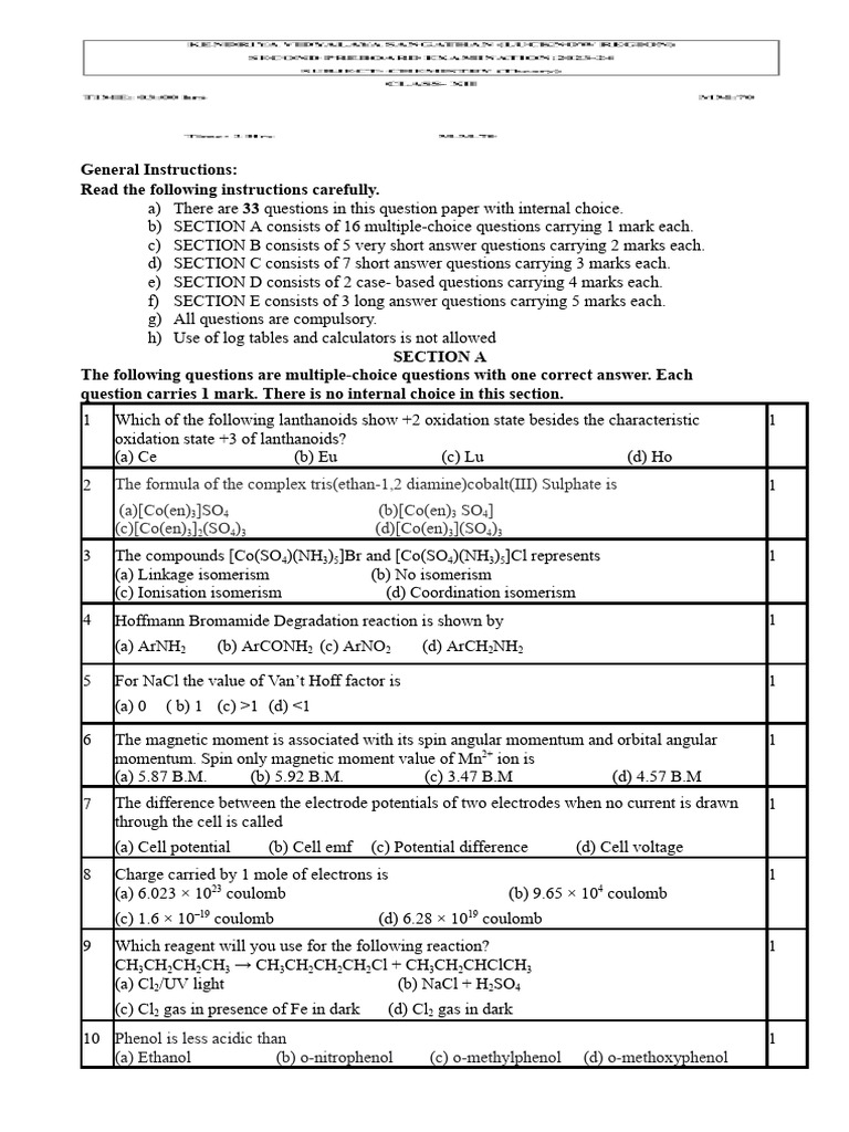 Xii Chemistry Qp.docx (1) | PDF | Reaction Rate | Solubility