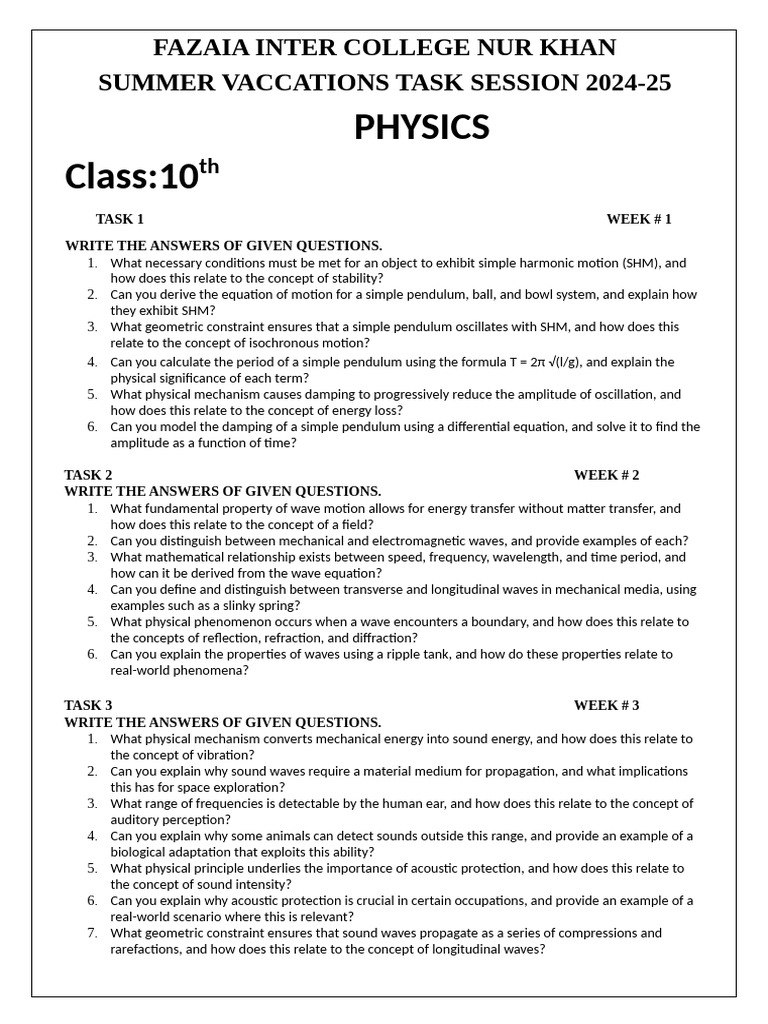 Summer Vacation Task 10th Class | PDF | Sound | Waves