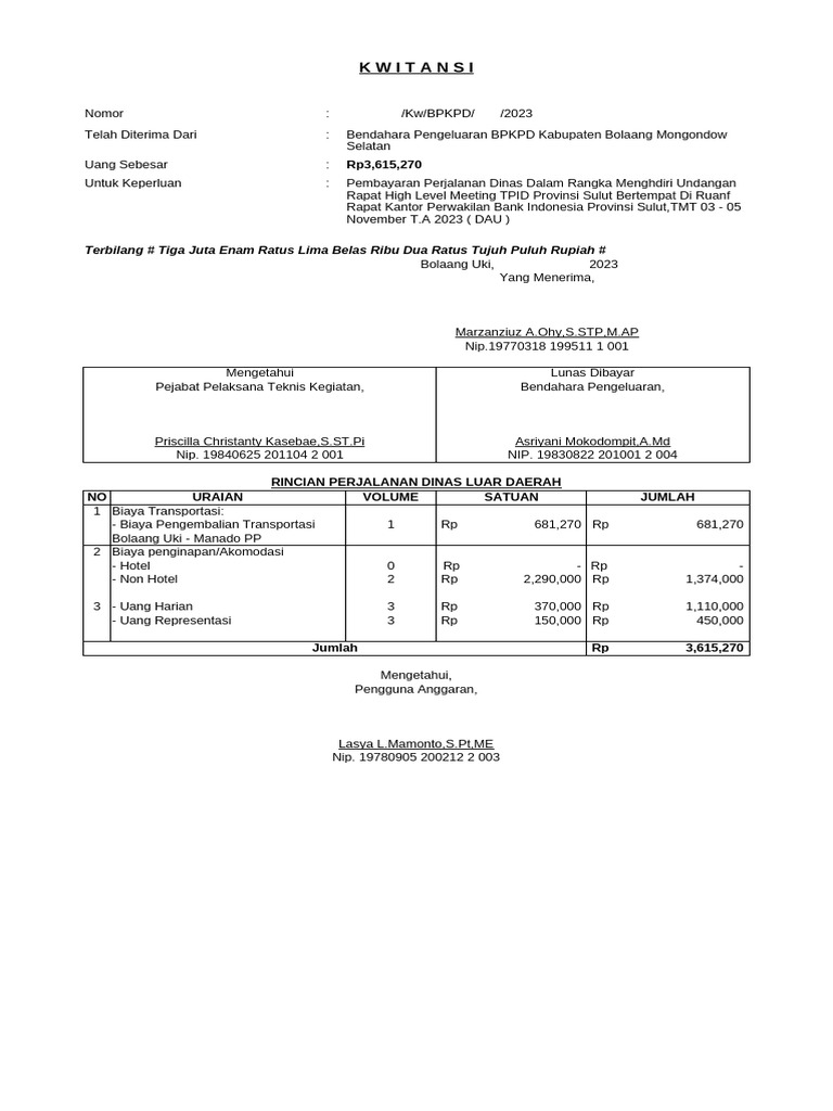 Kwitansi Perjalanan Dinas 2023-2024 | PDF