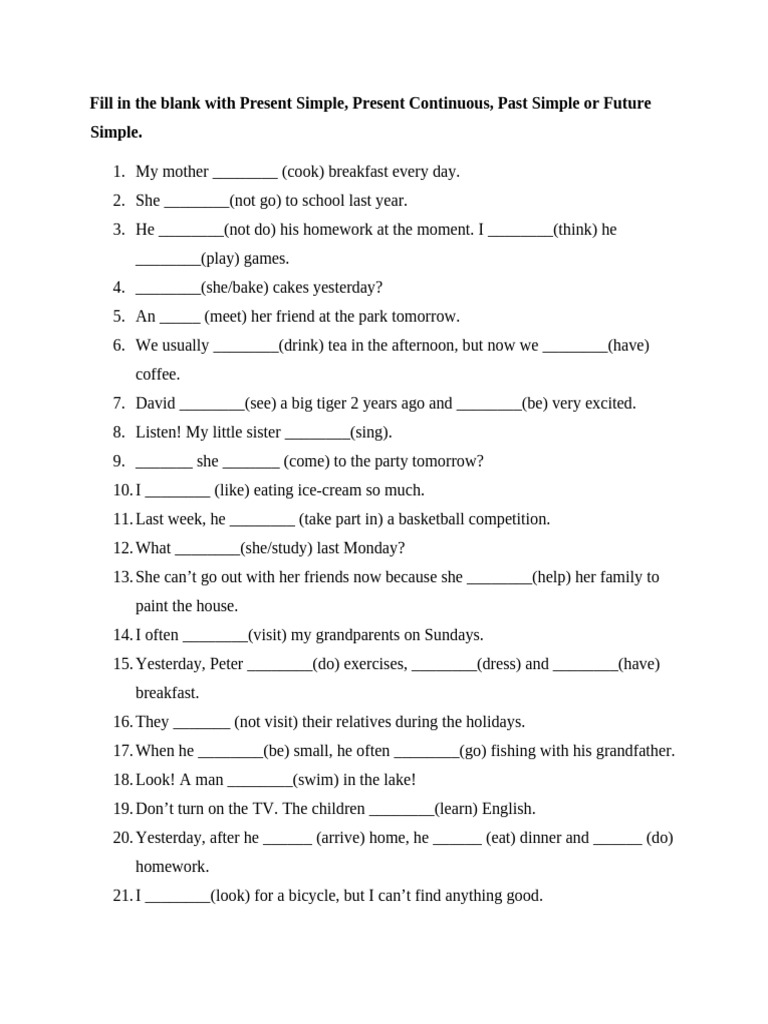 bài tập các thì HTD, QKD, HTTD, TLD | PDF