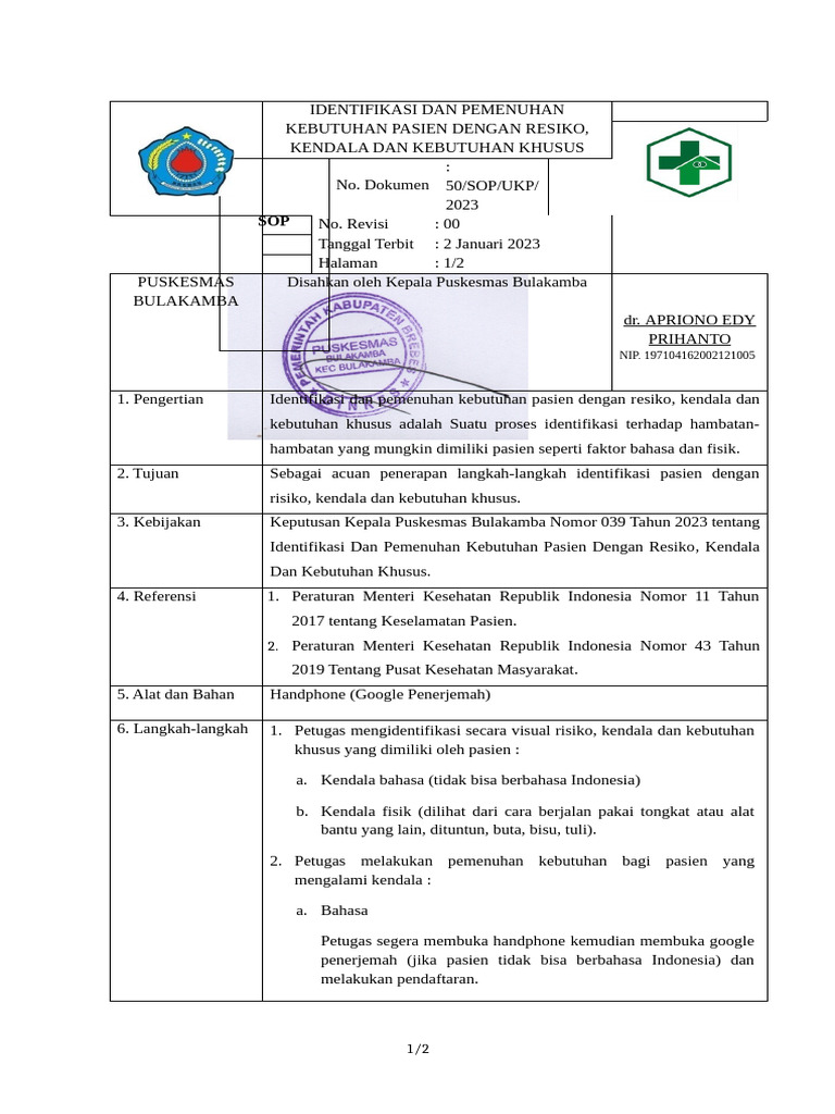 Kriteria-3.1.1.a.1. SOP Tentang Identifikasi Dan Pemenuhan Kebutuhan Pasien Dengan Resiko ...
