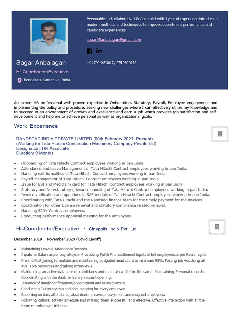 SAGAR NEW Resume (1) | PDF | Employment | Human Resource Management