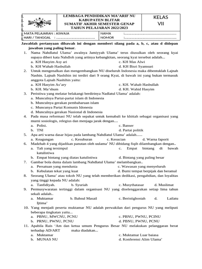 Sas Genap Aswaja Kelas 7 | PDF