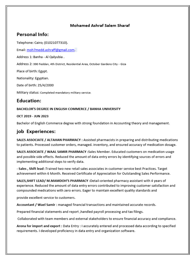 Mohamed Ashraf Cv 2024 1 | PDF | Pharmacy
