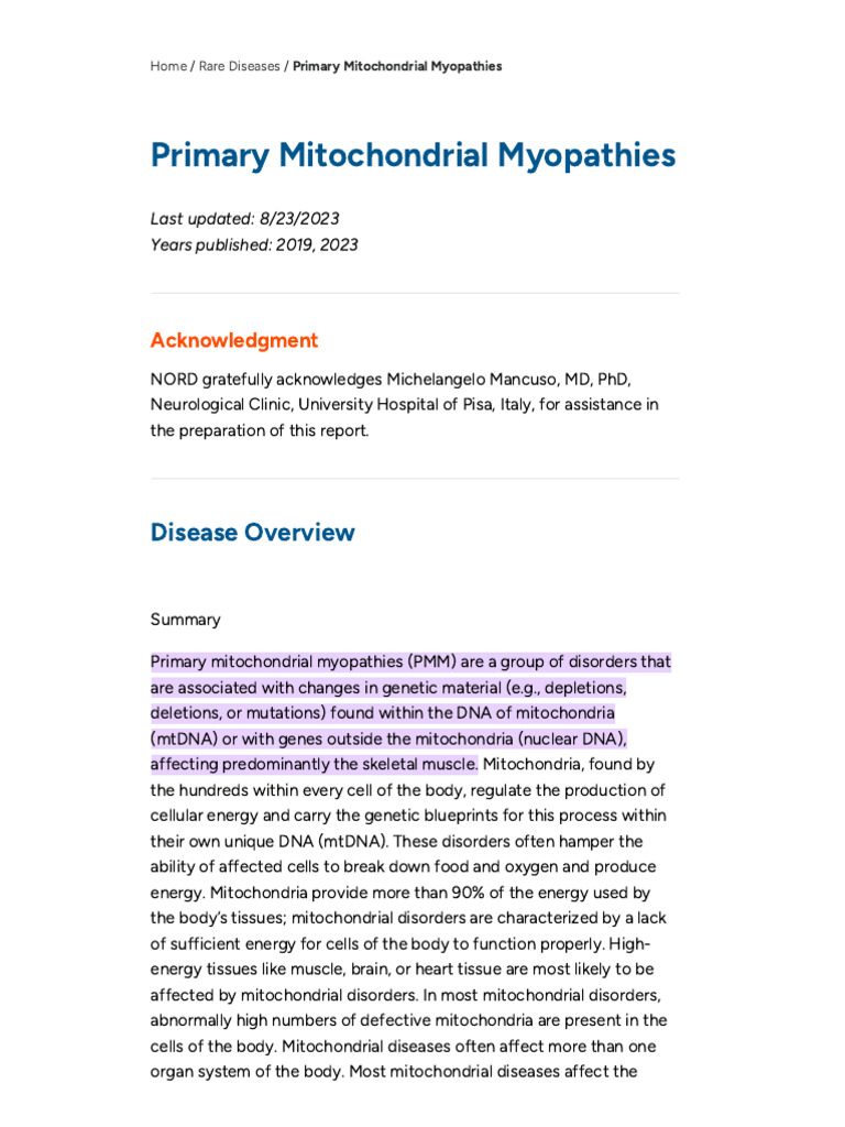 Primary Mitochondrial Myopathies - Symptoms, Causes, Treatment - NORD ...