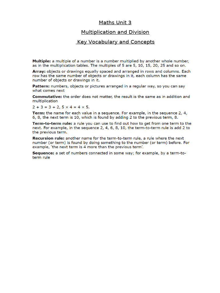 Maths Unit 3 Key Vocabulary and Concepts | PDF