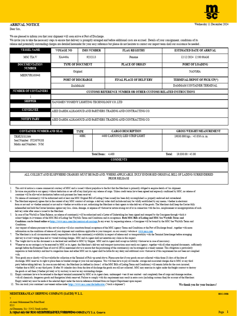 MSC Arrival Notice for Shipment | PDF | Bill Of Lading | Cargo