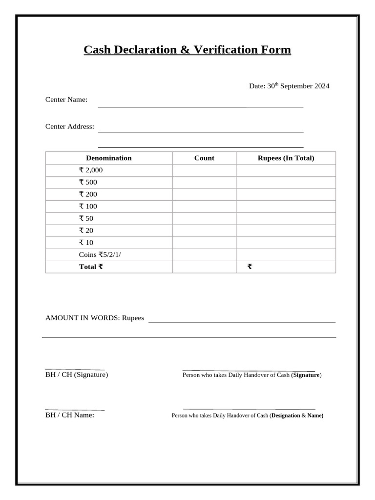 Cash Declaration - Verification Form | PDF
