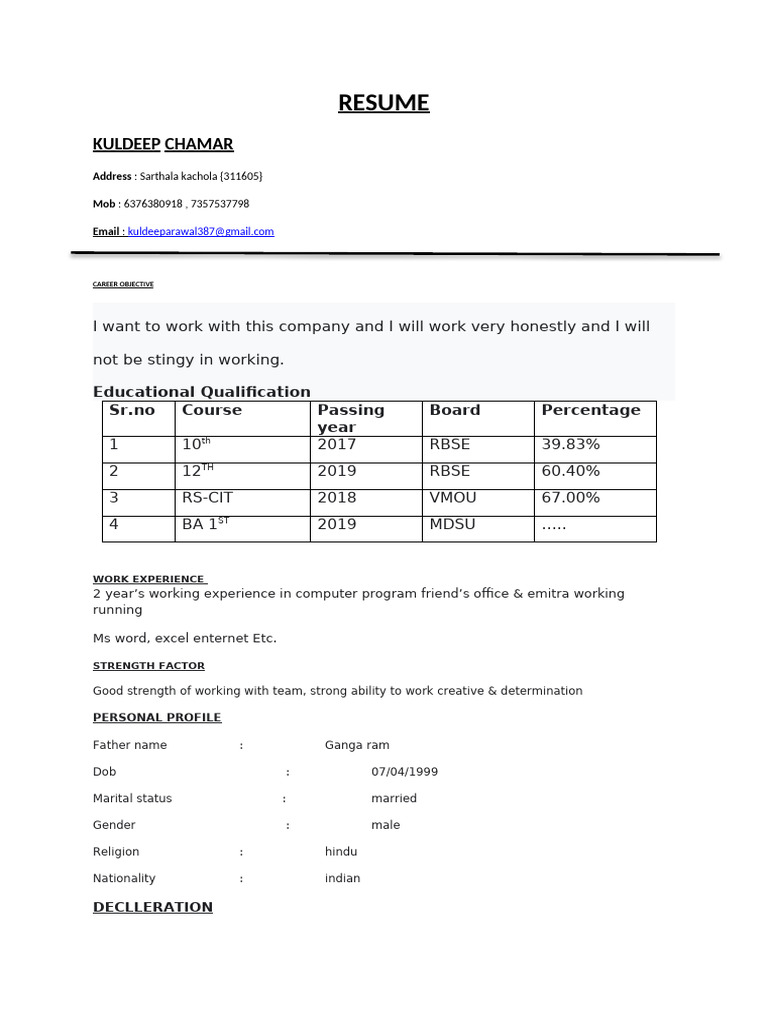 Kuldeep Chamar Resume Overview | PDF