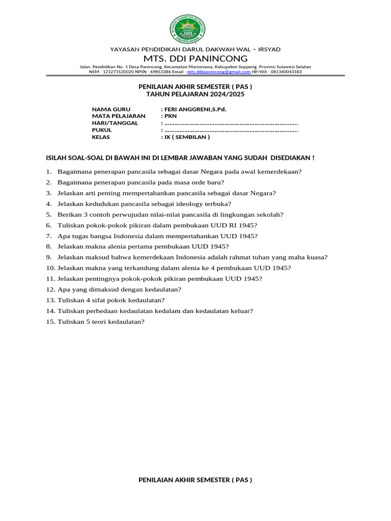 FORMAT SOAL PAS TAHUN 2024 (2) | PDF