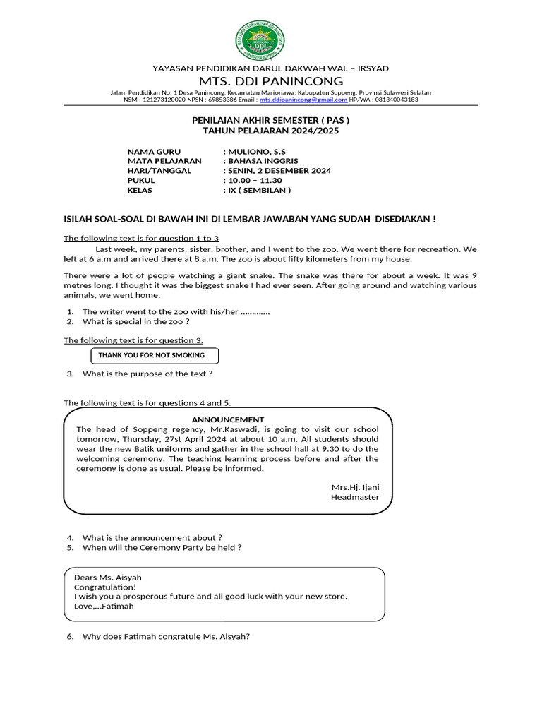 Format Soal Pas Tahun 2024 Bahasa Inggris | PDF | Nutrition | Diet & Nutrition