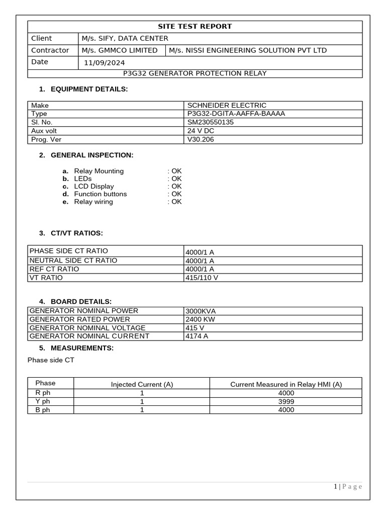 Relay Test Report Catcher One | PDF | Electric Generator | Electrical ...