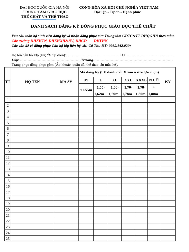 Danh Sách Đăng Ký Đ NG PH C GDTC - (2024-2025) | PDF