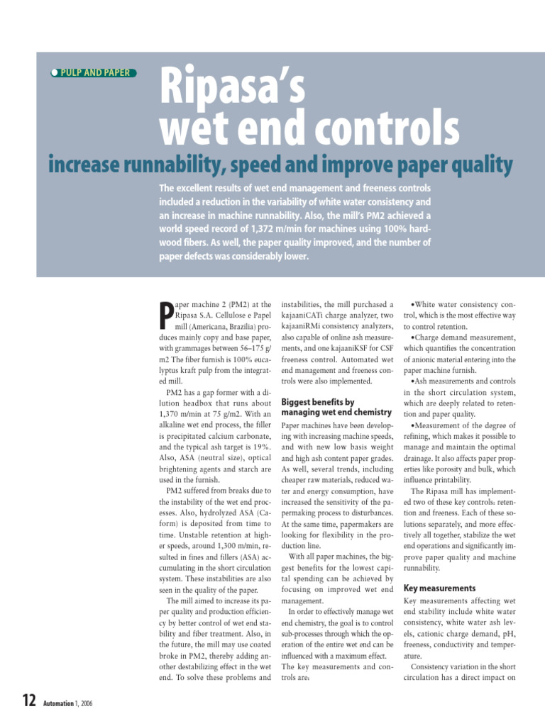 Ripasa's Wet End Controls Increase Runnability Speed and Improve Paper ...