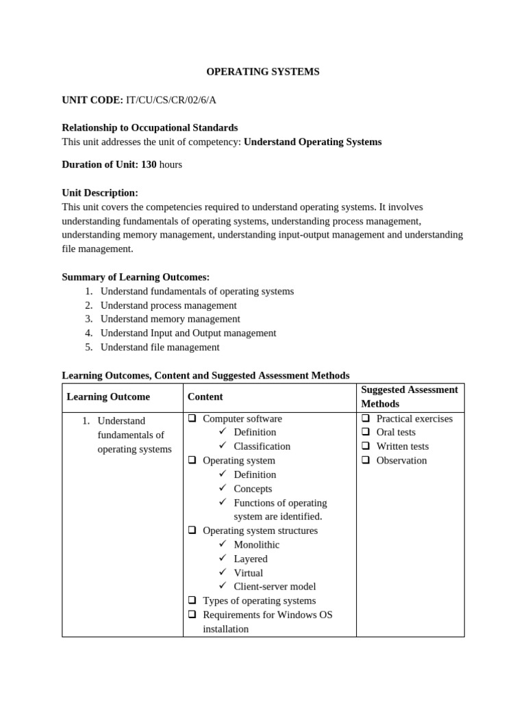 OPERATING SYSTEMS course outline | PDF | Computer Data Storage | Input/Output
