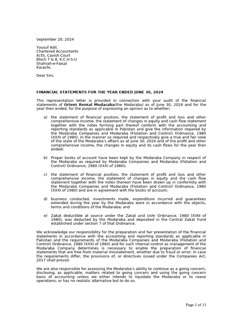 Representation Letter For Audit Purposes | PDF | Going Concern ...