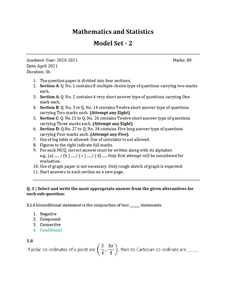 Maths Model Paper 2(1) | PDF | Multiple Choice | Matrix (Mathematics)