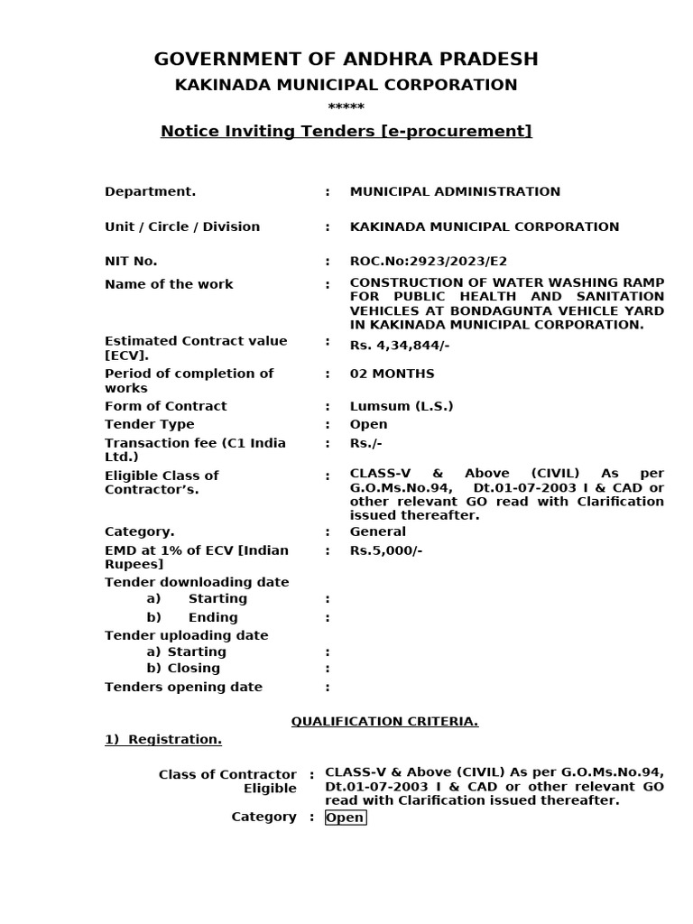 Kakinada Water Ramp Tender Notice | PDF