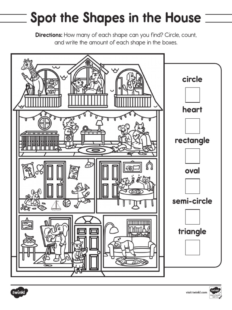 BW Spot The Shapes in The House Picture Activity | PDF
