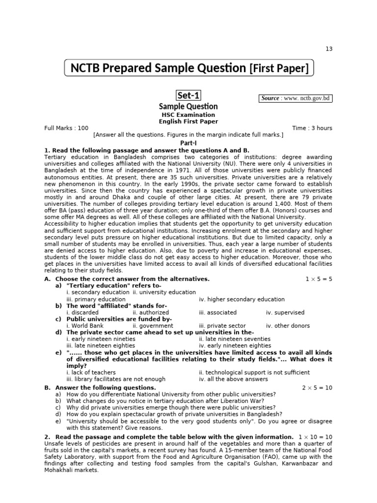 NCTB Sample With Solution (Set-1 - 2) | PDF | Millennium Development Goals