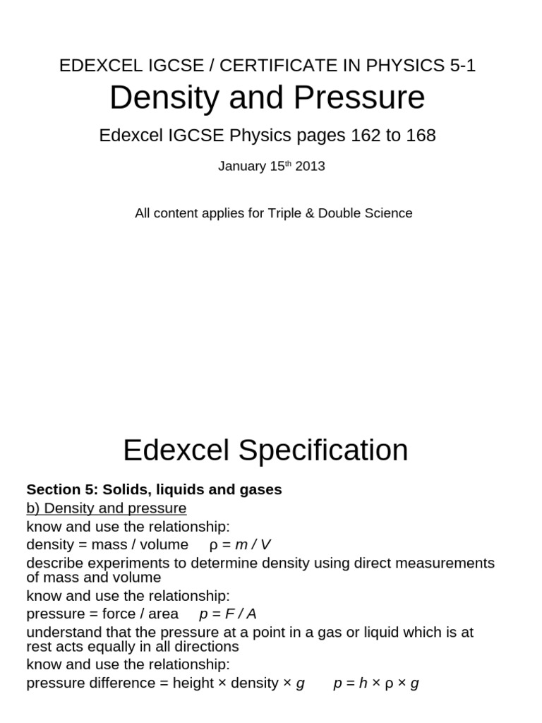 IGCSE-51-Density&Pressure | PDF | Pressure | Pascal (Unit)