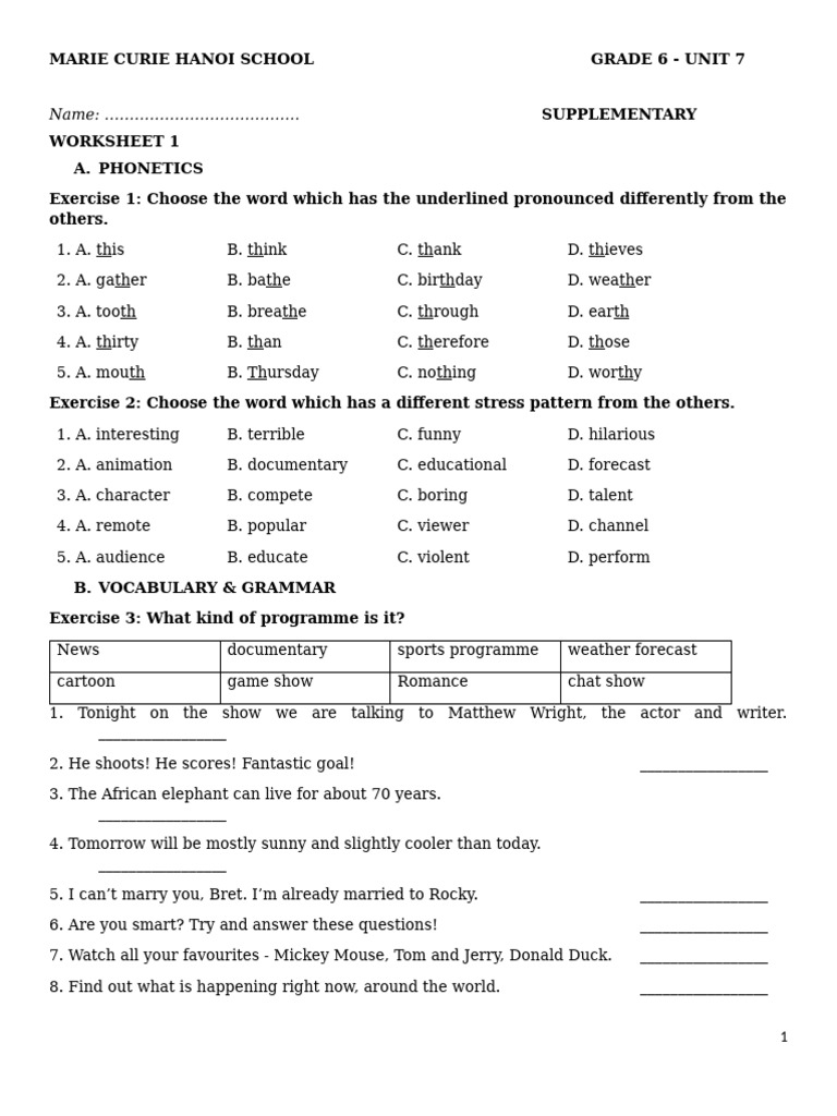 Grade 6 Global Success Unit 7 Vocab Practice | PDF | Television | Entertainment