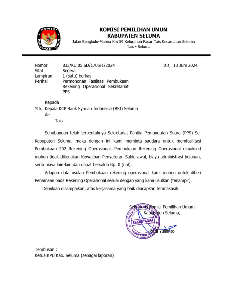 Surat Permohonan Pembukaan Rek Ke BSI | PDF