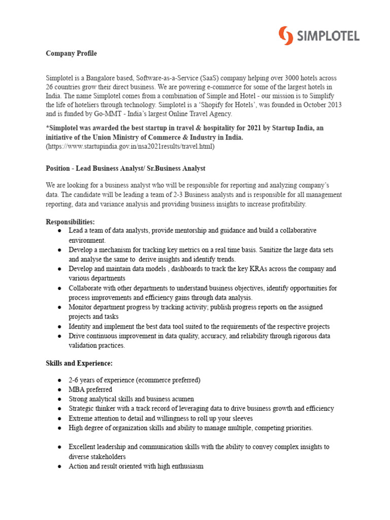 Simplotel Business Analyst Position Overview | PDF | Data Analysis ...