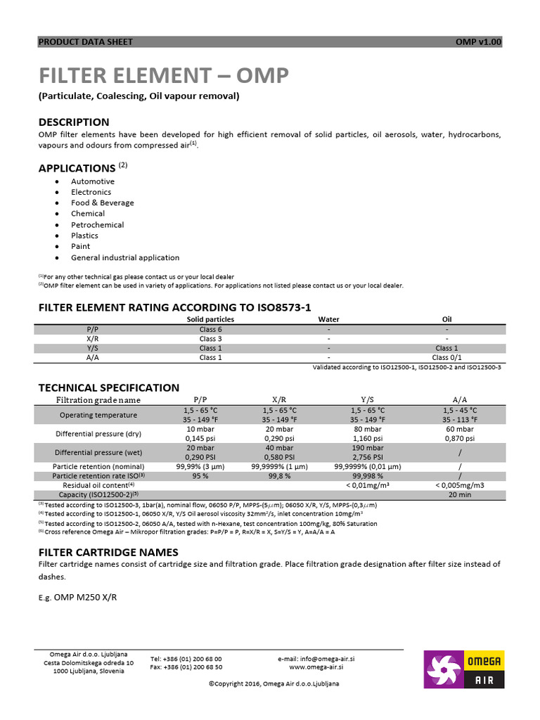 Omega Air Product Data Sheet Filter Element OMP v1.00 | PDF ...