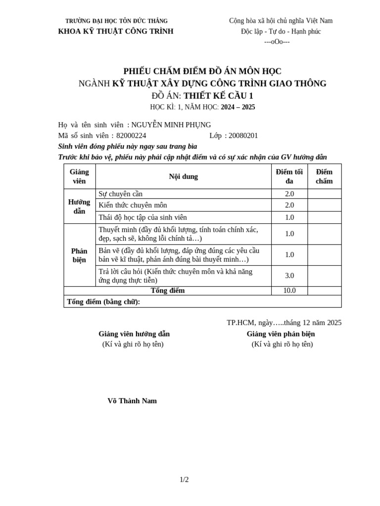 MAU 03 - PHIEU CHAM DO AN - TKC1 | PDF
