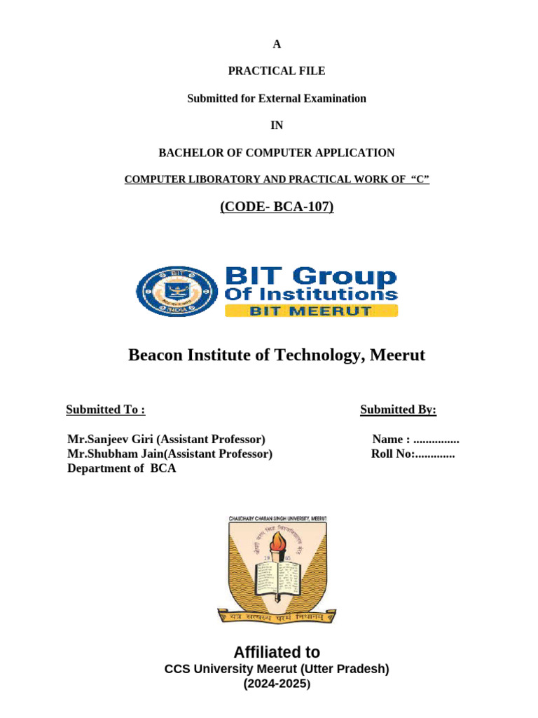 Practical File (Bca-107) Front Page and Index | PDF | Numbers | Mathematics