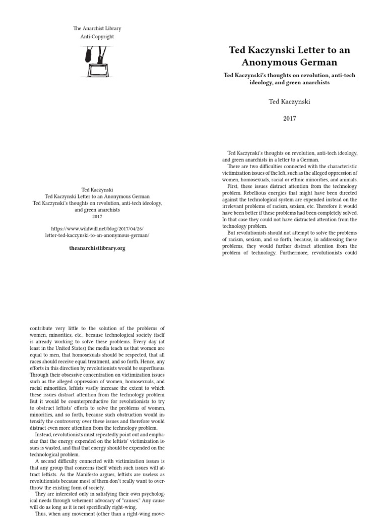 Ted Kaczynski Ted Kaczynski Letter To An Anonymous German - LT | PDF ...