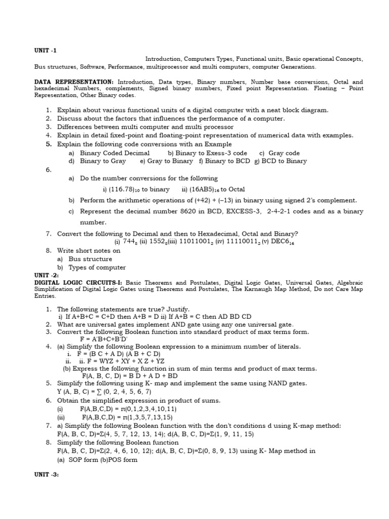 FCD Unitwise Questions | PDF | Logic Gate | Binary Coded Decimal