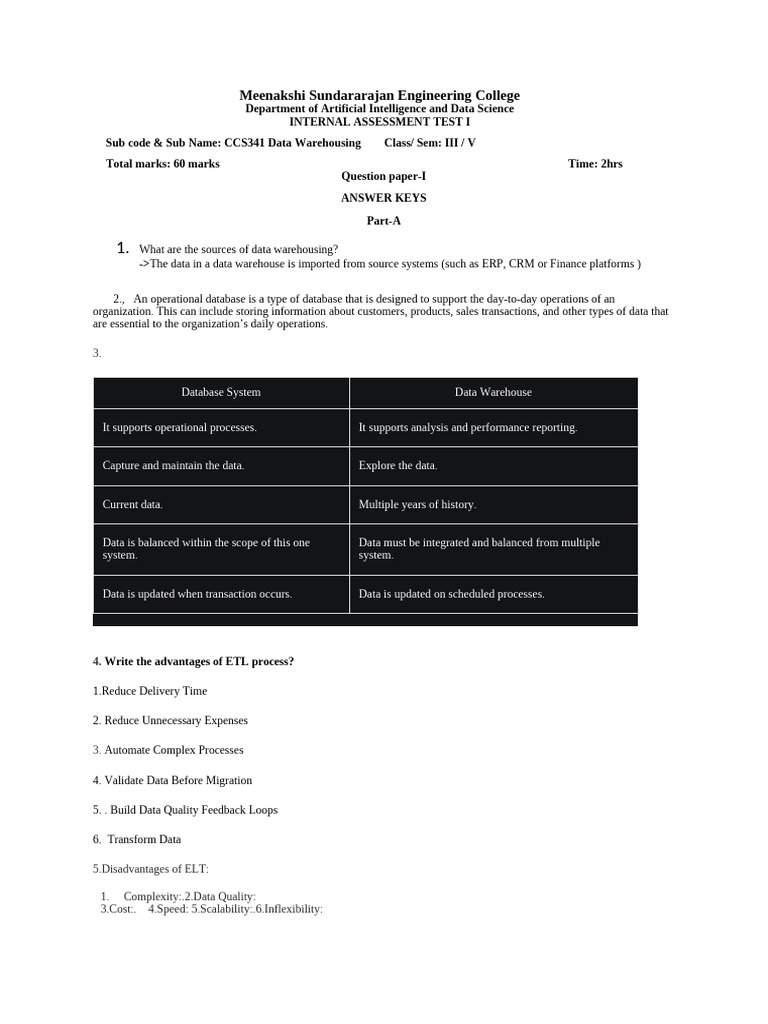 Data warehouse QP1_Answer keysnew | PDF | Data Warehouse | Databases