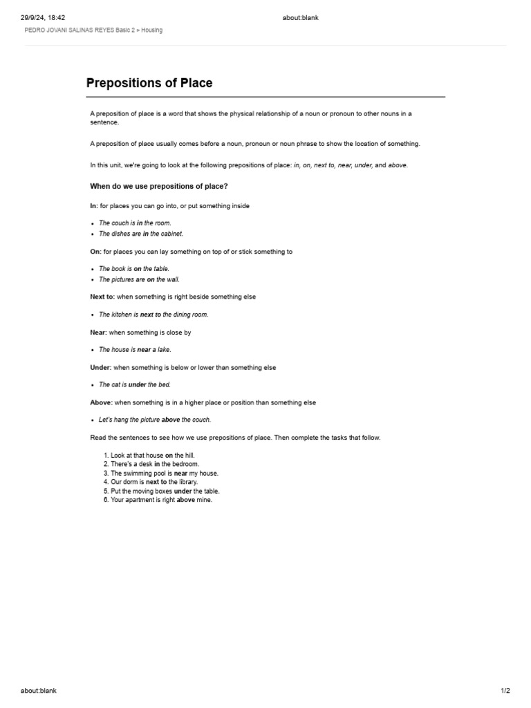 Prepositions of Place | PDF