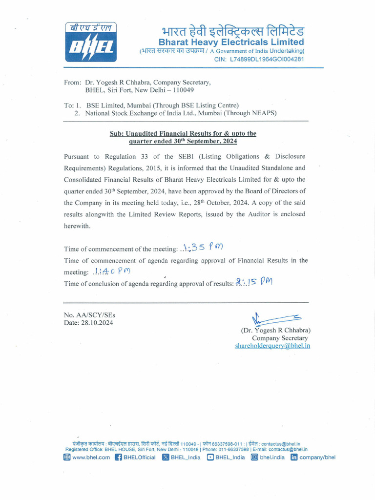 BHEL Results Q2 24-25 | PDF | Audit | Equity (Finance)