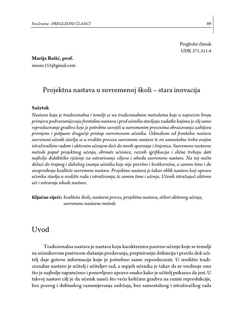 Rašić - Projektna Nastava U Suvremenoj Školi - Stara Inovacija | PDF