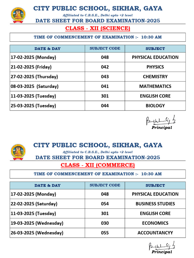 XII_Board Examination Datesheet | PDF