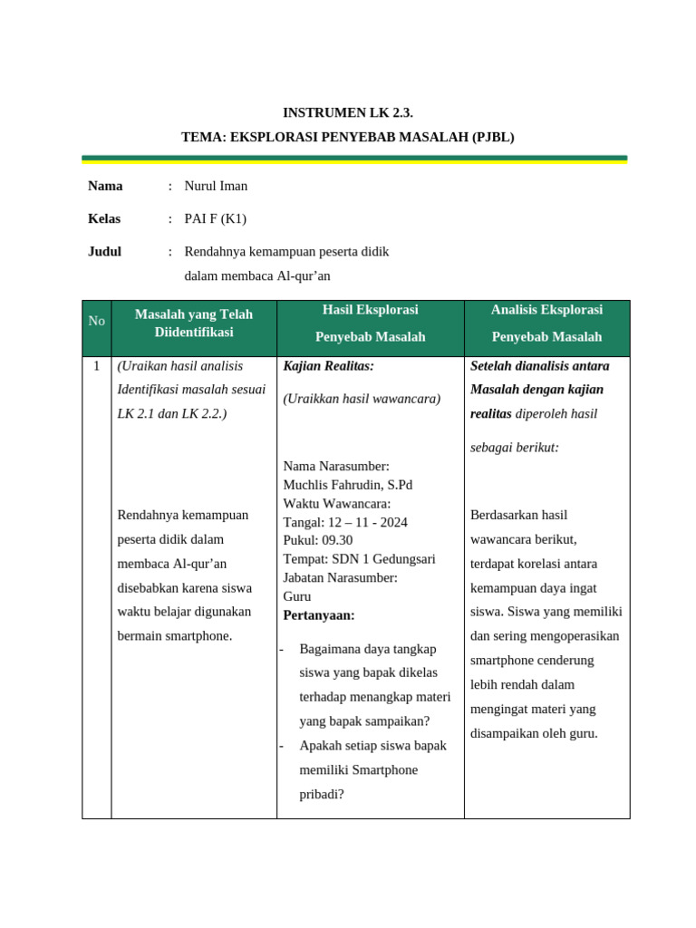 6.3 Instrumen LK 2.3 - Eksplorasi Penyebab Masalah - Wawancara - (MODUL PROFESIONAL 3 - PJBL) | PDF