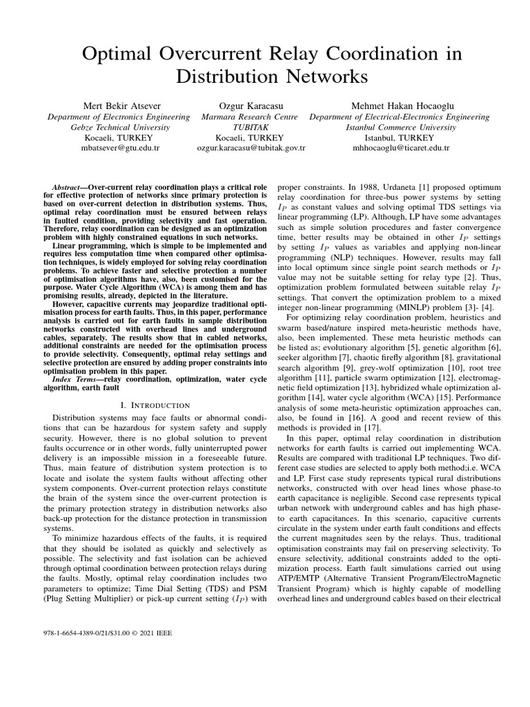 C1 Optimal Overcurrent Relay Coordination In Distribution Networks Pdf Mathematical