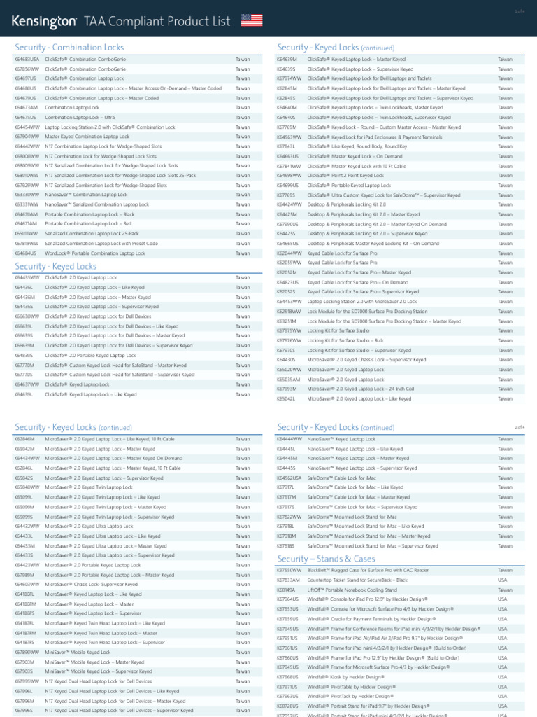 Kensington TAA Compliant Product List | PDF | Laptop | I Pad