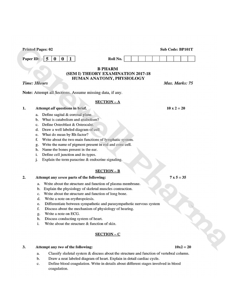 Human Anatomy and Physiology 1, 1st Sem, Previous Year Question Paper | PDF