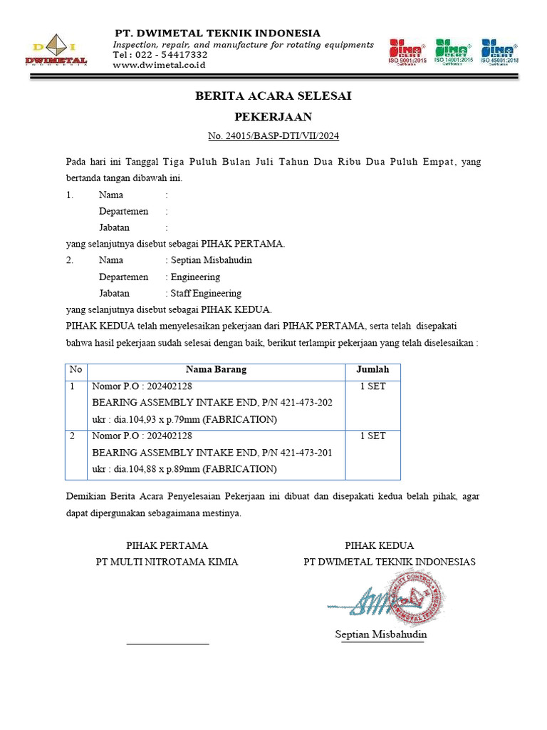 BASP - 24015 - Fabrication Bearing Half Compressort 2C100 - PT MNK | PDF