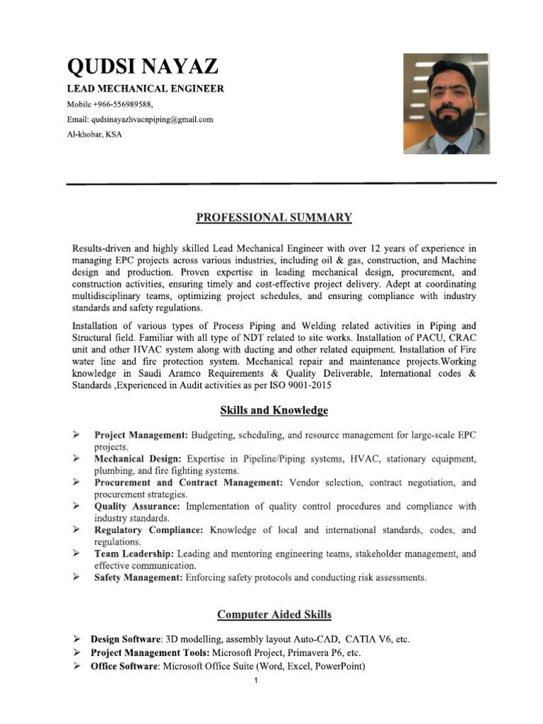 CV for Qudsi Nayaz -Aramco Approved -Lead Mechanical Engineer .. | PDF
