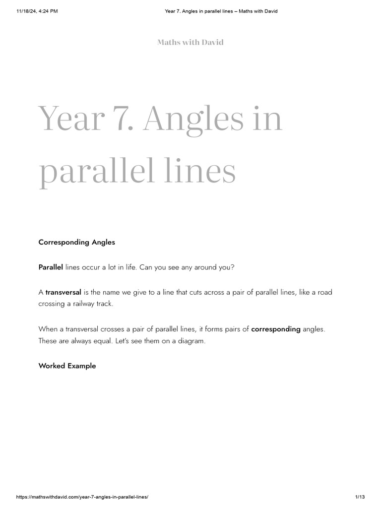 Year 7. Angles in Parallel Lines – Maths With David | PDF | Euclidean ...