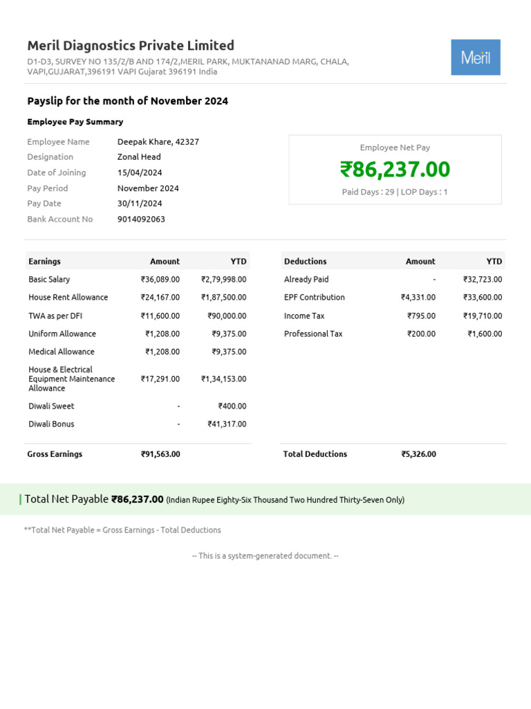 November 2024 Payslip - Meril Diagnostics | PDF
