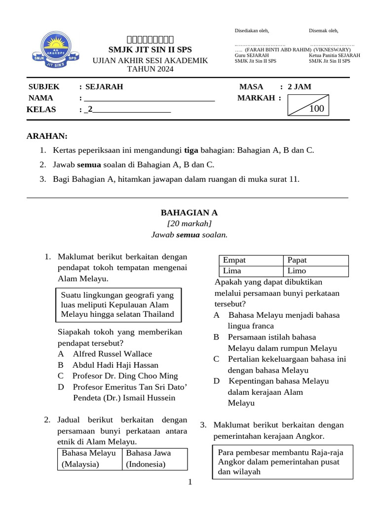 Uasa Sejarah Form 2 - 2024 | PDF