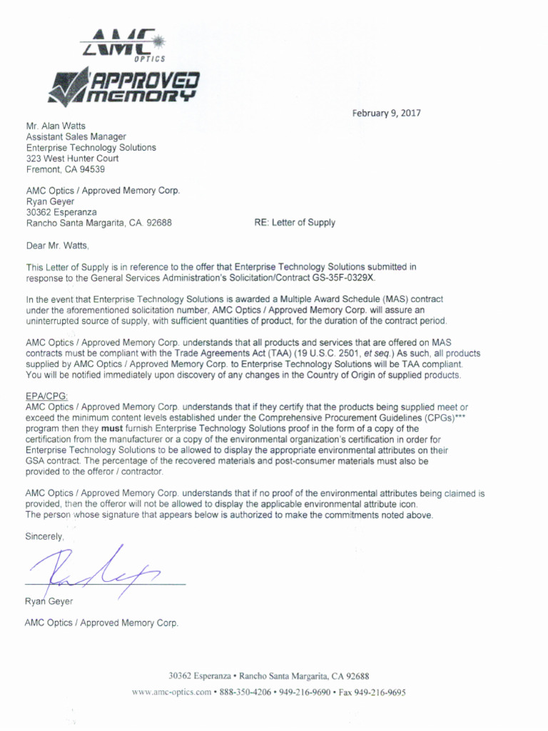 AMC Letter of Supply. Enterprise SOL - Executed | PDF